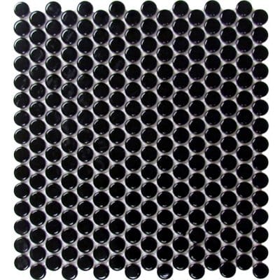 Mosaics Bright Black Penny Round Tile - Gloss Finish, 12x12